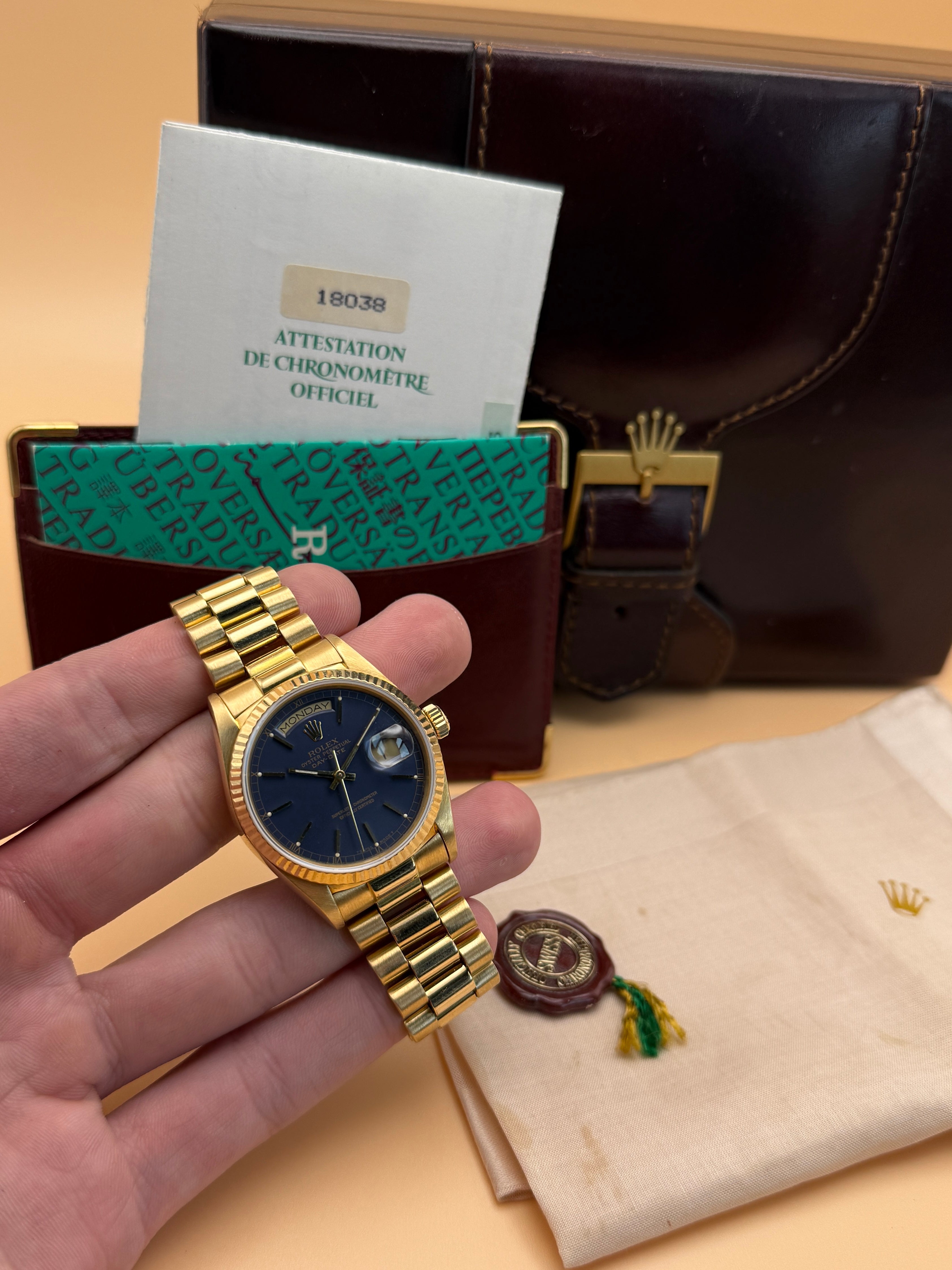 Rolex Day Date 18038 9.6M Serial Blue Dial Box and Papers – QC Timepieces
